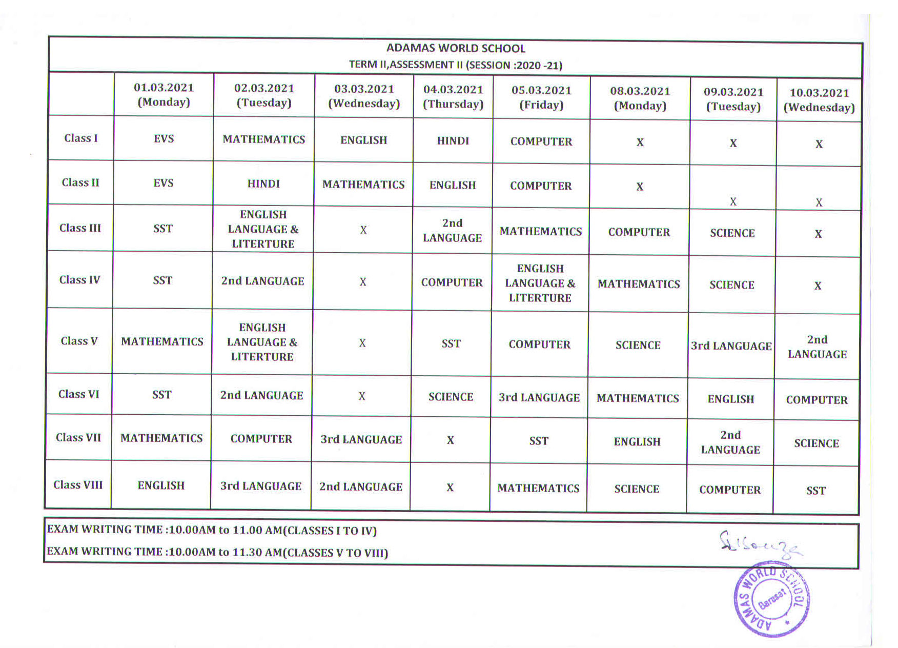 Class I TO VIII Annual Exam Routine (Session 2020-2021) - Adamas ...