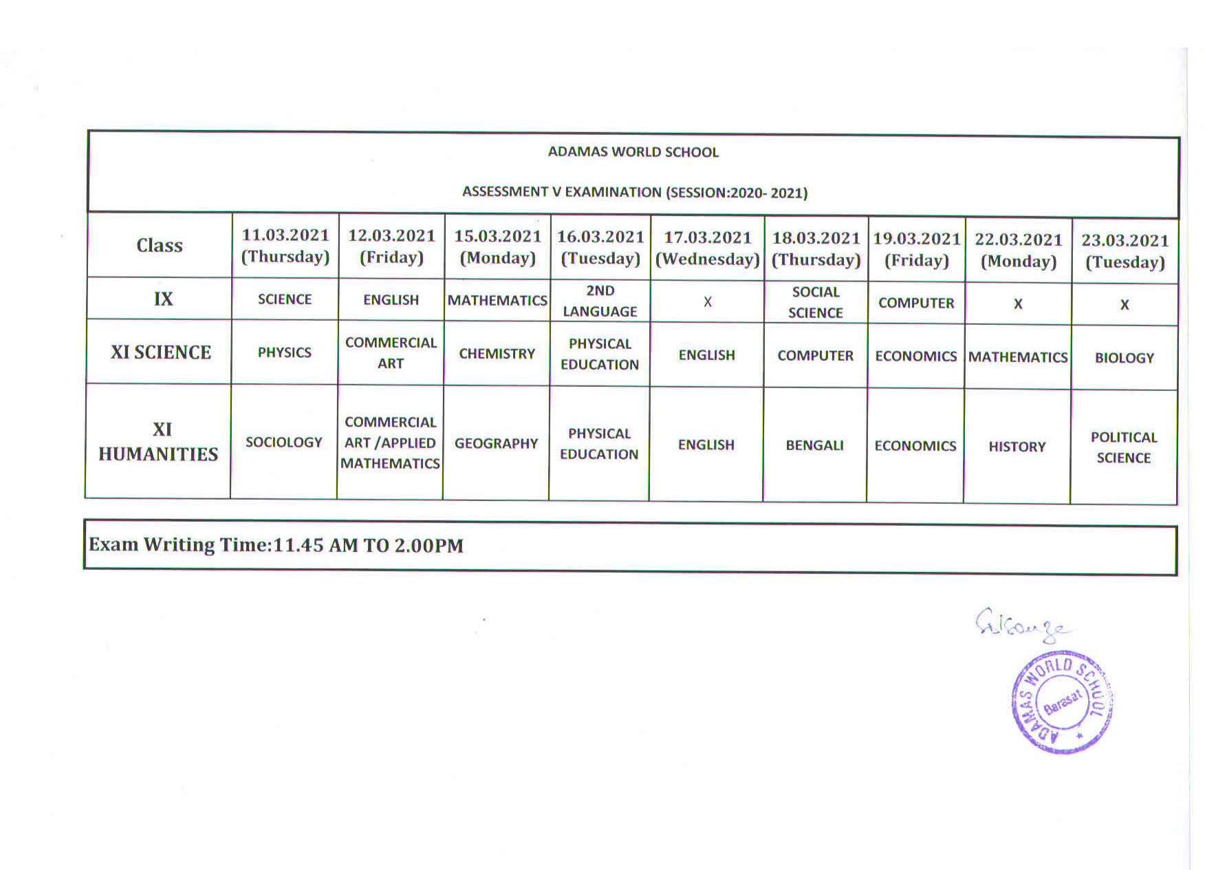 Class IX And XI Annual Exam Routine (Session 2020-2021) - Adamas ...