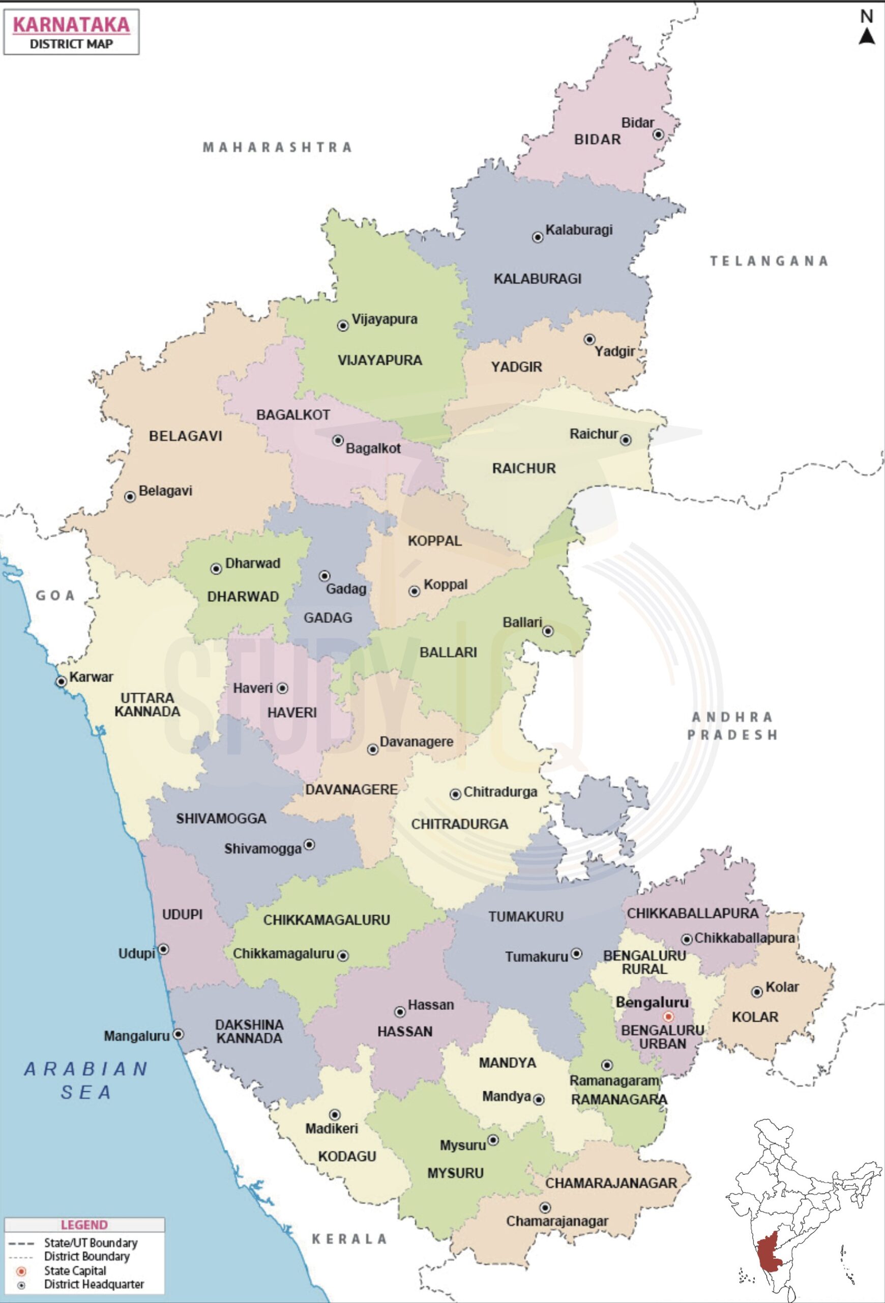 List of Districts in Karnataka, Map, Names, Total Area