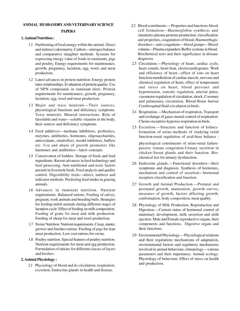 UPSC Animal Husbandry & Veterinary Sciences Syllabus for IAS Mains