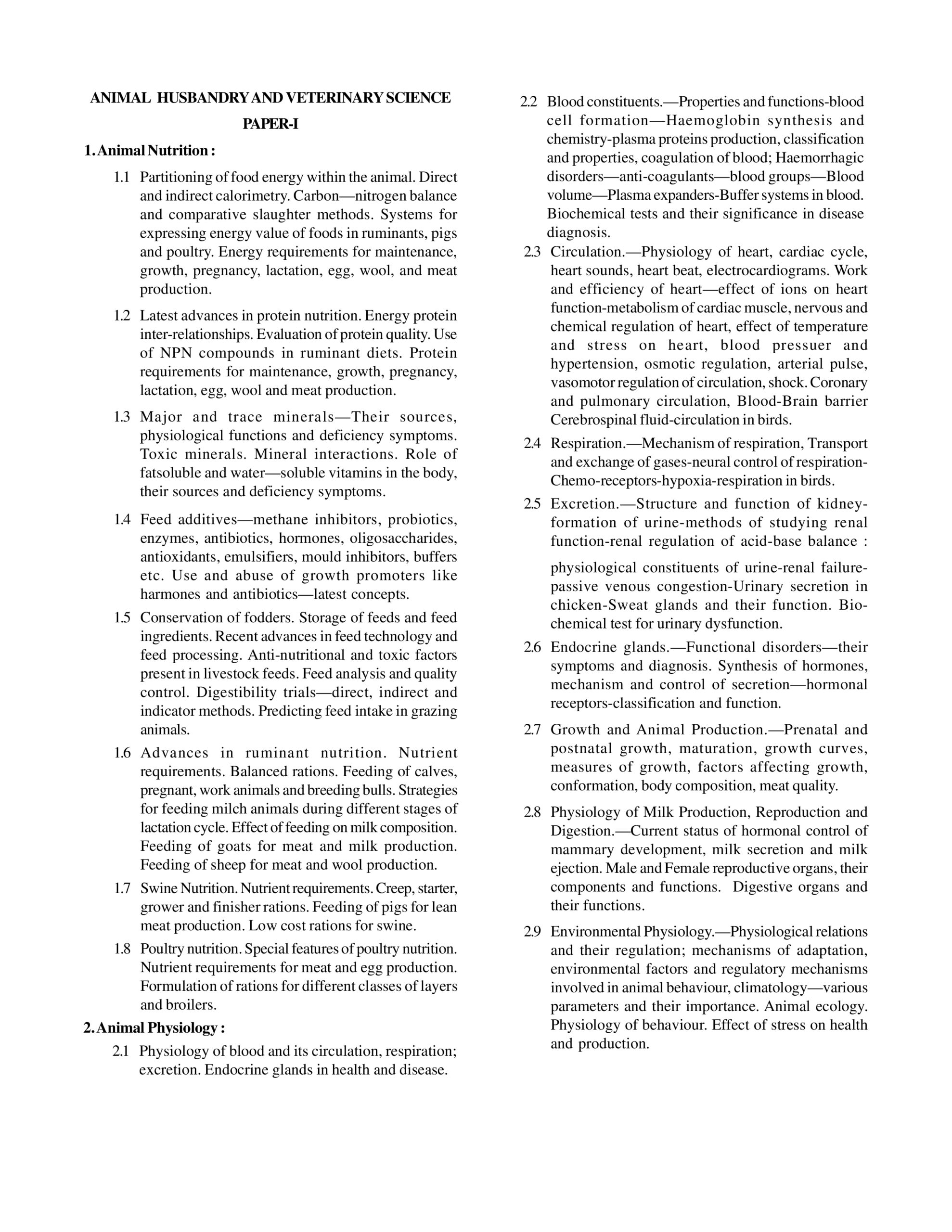 UPSC Animal Husbandry & Veterinary Sciences Syllabus for IAS Mains