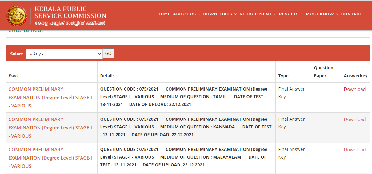 Kerala PSC Degree Level Prelims Final Answer Key 2021 [Out], 1st Stage[13- Nov-2021]
