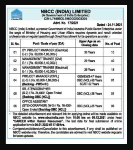 NBCC Recruitment 2021, Direct Link to apply for NBCC Engineering ...