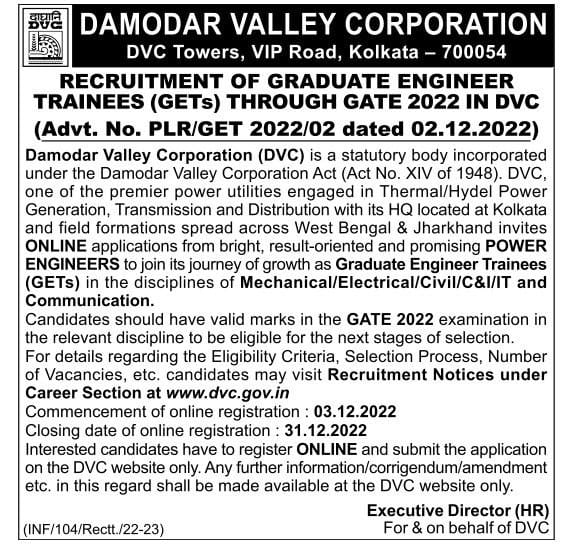 DVC Recruitment 2022 Apply Online for 56 DVC GET Vacancies