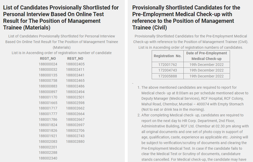 RCFL MT Result 2022 Check Merit List Cut off Download PDF