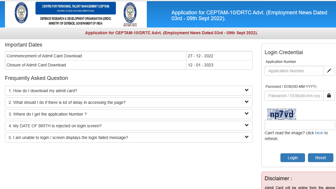 DRDO CEPTAM 10 Admit Card 2022 Out Now, Download Link here