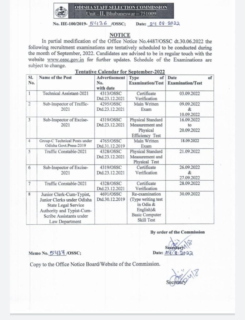 OSSC Exam Calendar 2022 Out for September and October