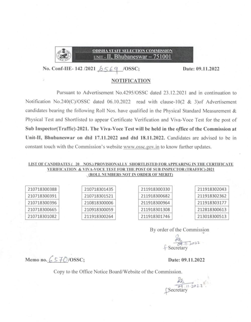 OSSC Traffic SI Result 2022 Final Cut Off and Merit list PDF