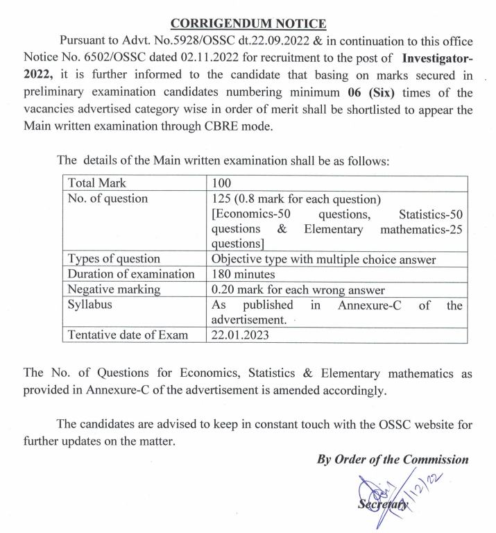OSSC Investigator Mains Exam Pattern 2022 Investigator Mains Exam Date