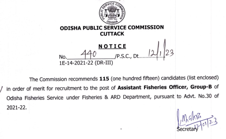OPSC Assistant Fisheries Officer Result 2023 AFO Merit List