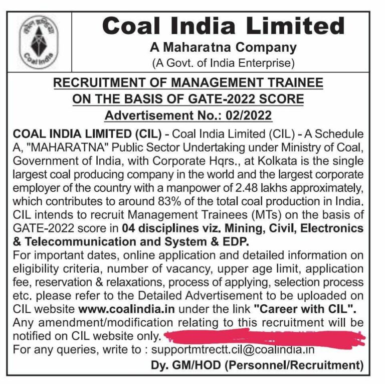 CIL Recruitment 2022 Through GATE, Apply Online for CIL 1050 MT Vacancies
