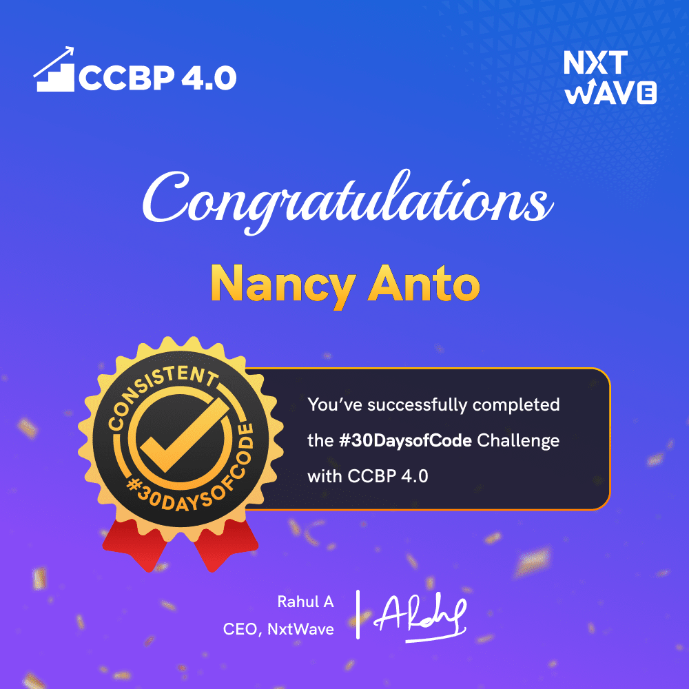Nancy Anto - NxtWave's CCBP 4.0 Intensive | Insurance certification process at Patra Corporation ...