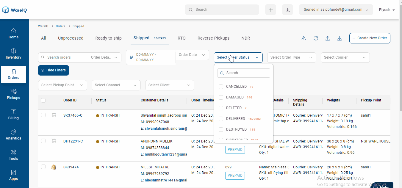 How Do I See My Shipments Report WareIQ How Do I See My Shipments Report WareIQ