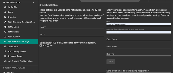 System Email Setting in the Seceon UI : Support Services