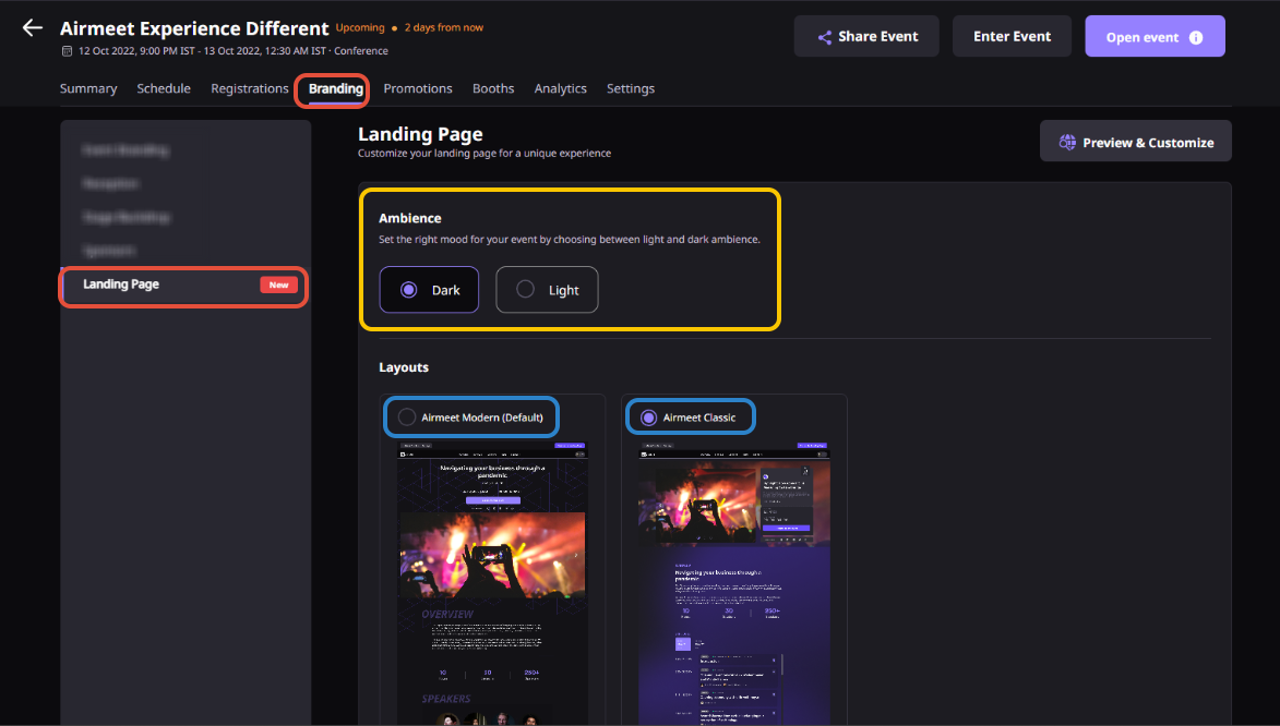 How to Customize Landing page for an Airmeet event? : Airmeet