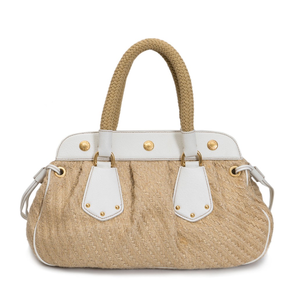 Prada Beige/White Jute Frame Top Satchel Bag - LabelCentric