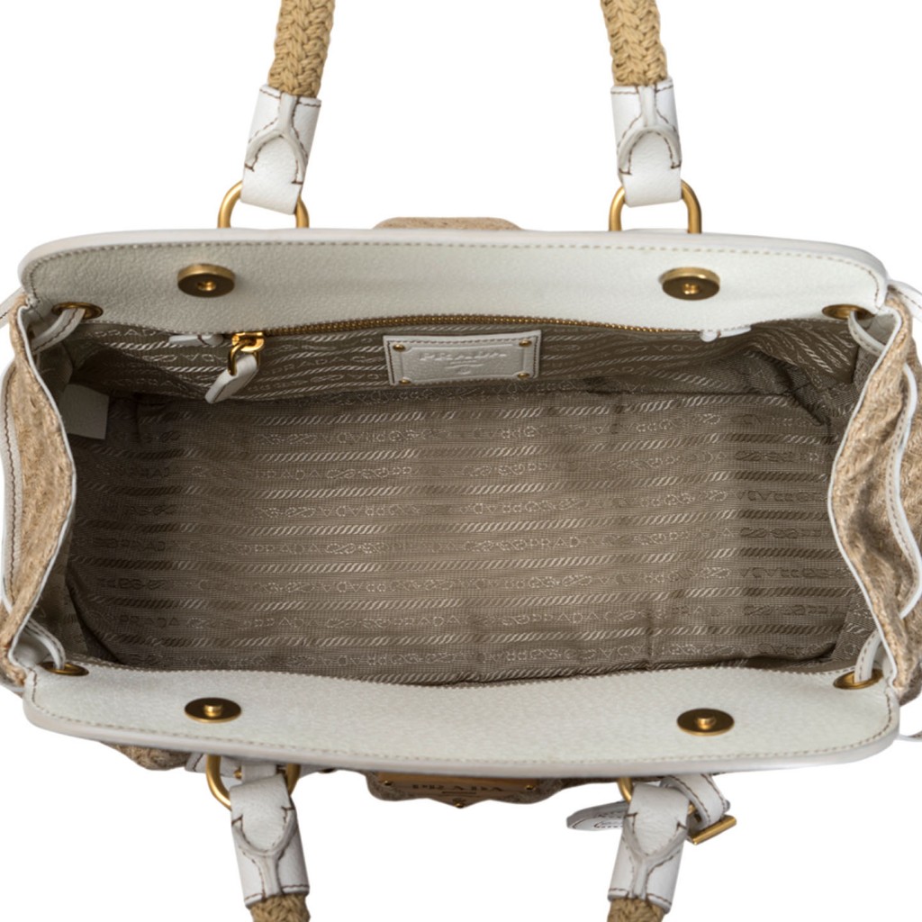 Prada Beige/White Jute Frame Top Satchel Bag - LabelCentric