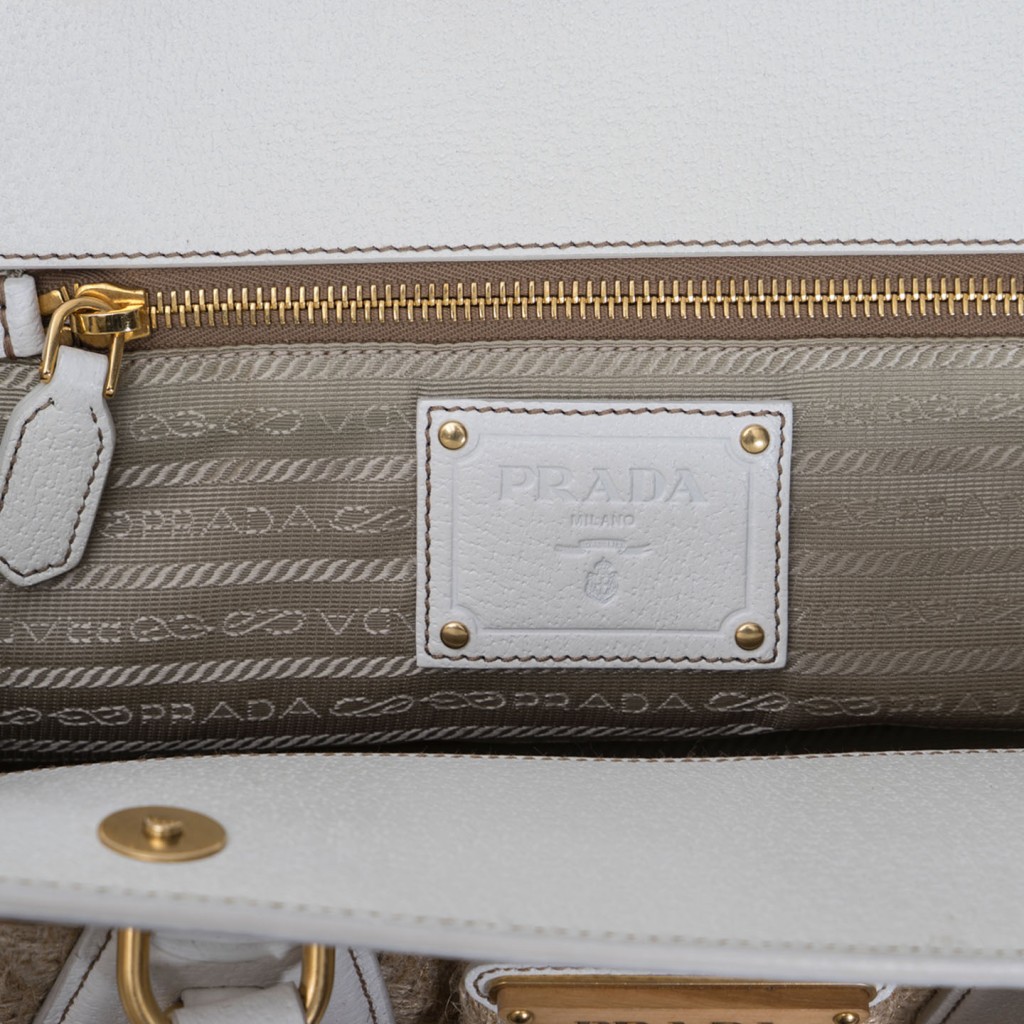 Prada Beige/White Jute Frame Top Satchel Bag - LabelCentric