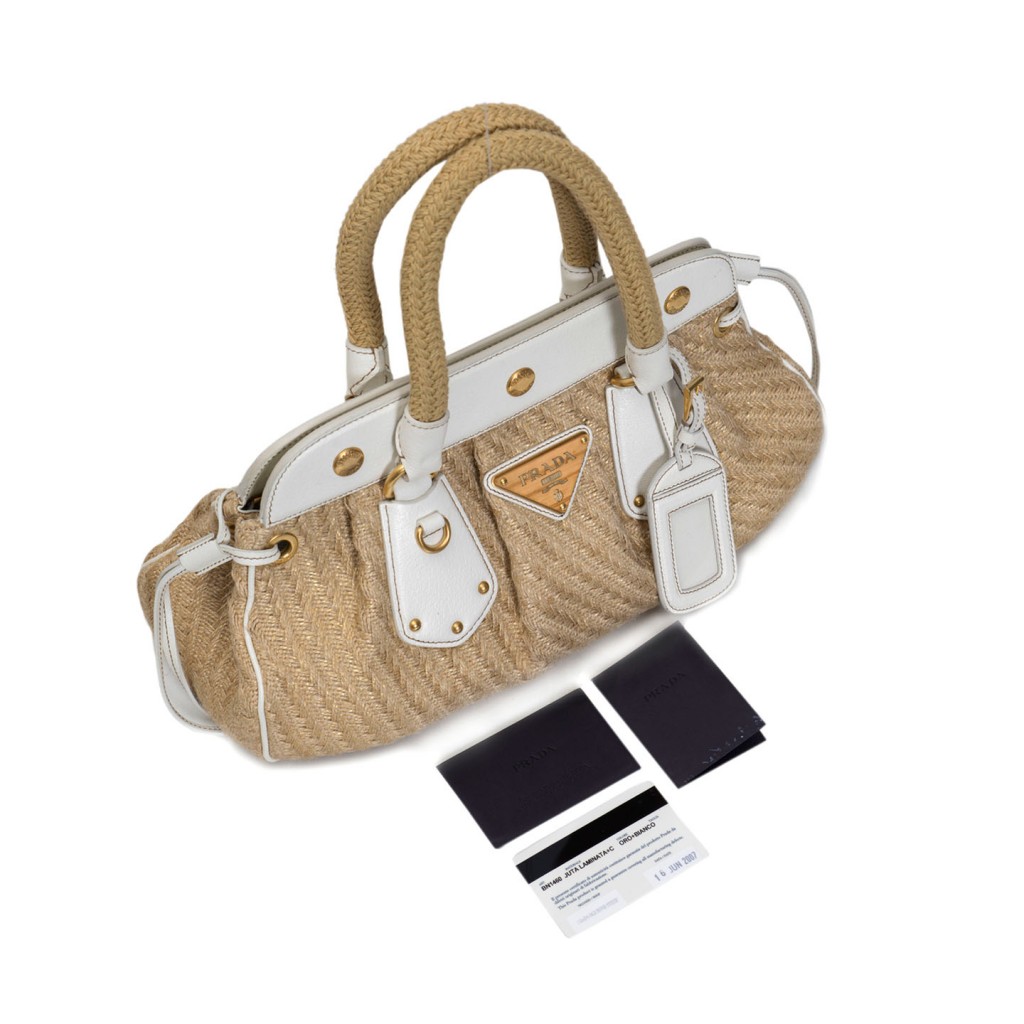 Prada Beige/White Jute Frame Top Satchel Bag - LabelCentric