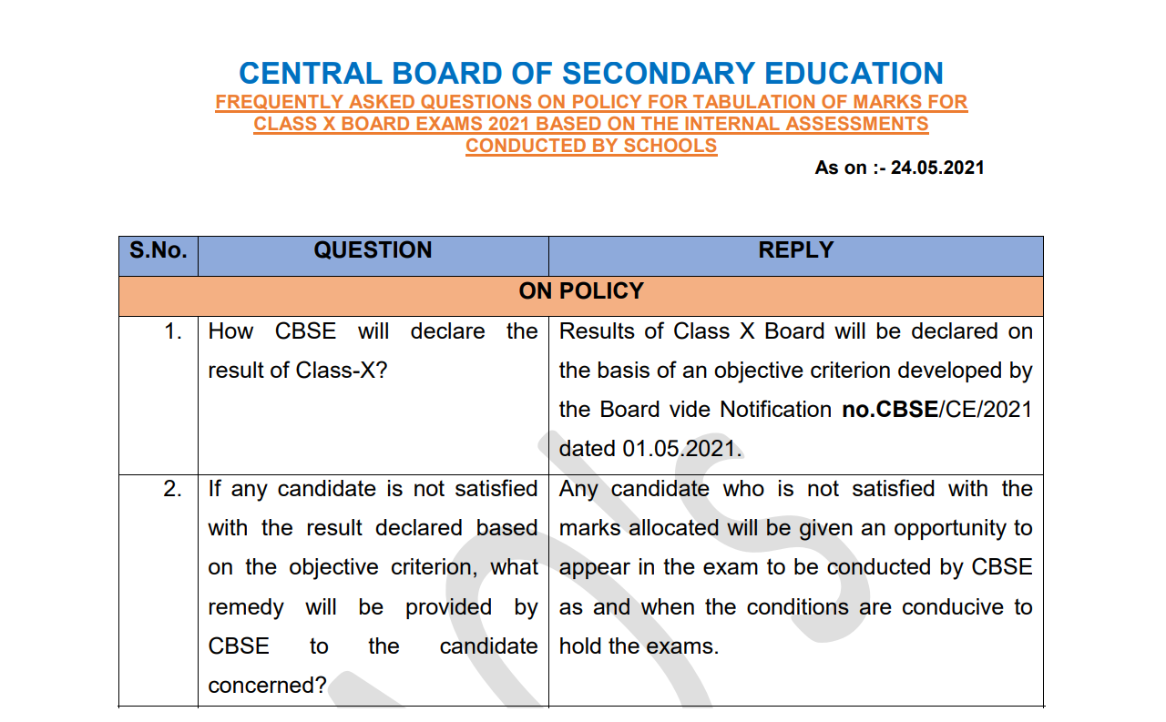 CBSE Class X Result 2021 Update: Board released FAQs on Policy for ...