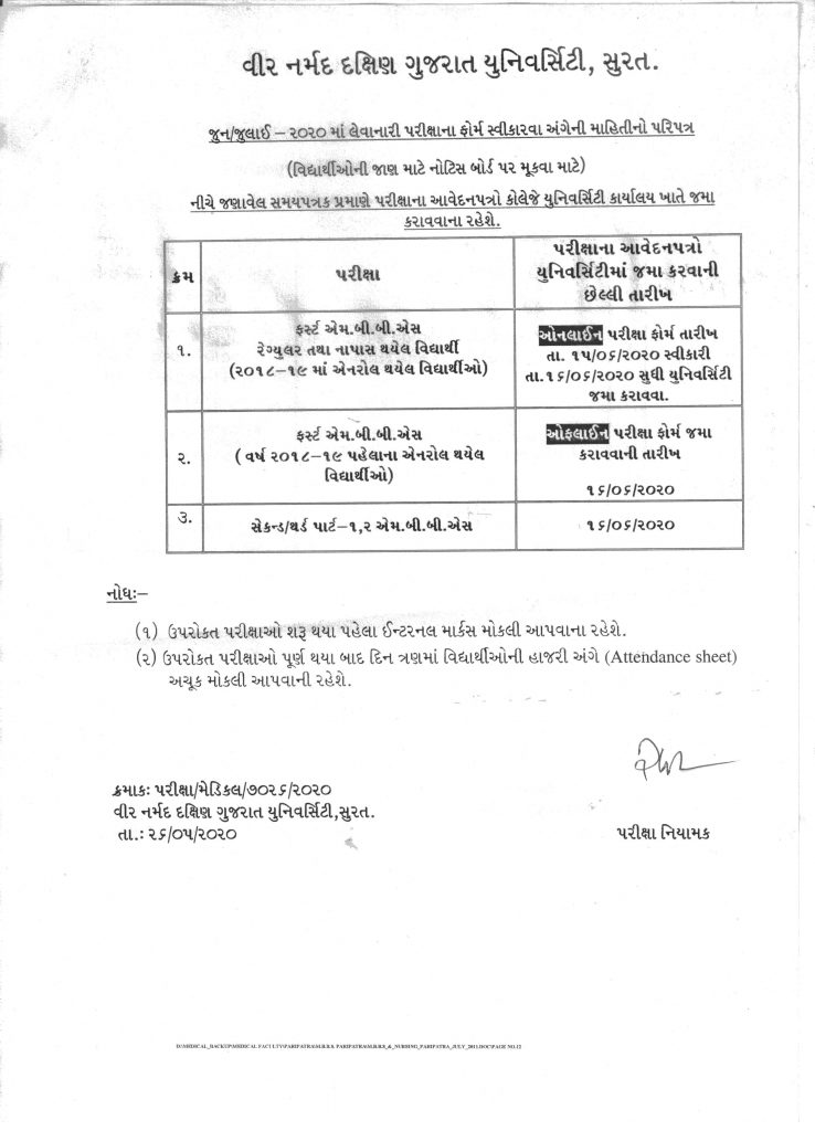 VNSGU Admission 2020 (Started): VNSGU MBBS Exam Form Available