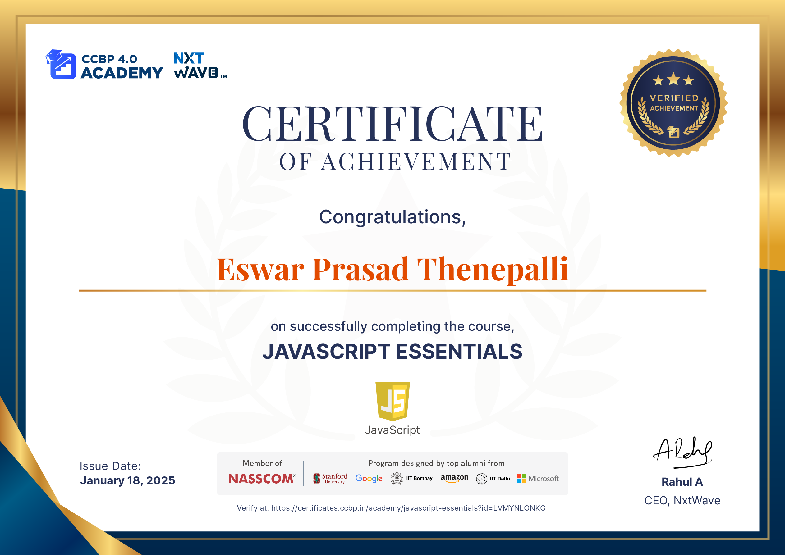 ESWAR PRASAD THENEPALLI - Fellow at NxtWave's CCBP Academy | Student of Computer Applications ...
