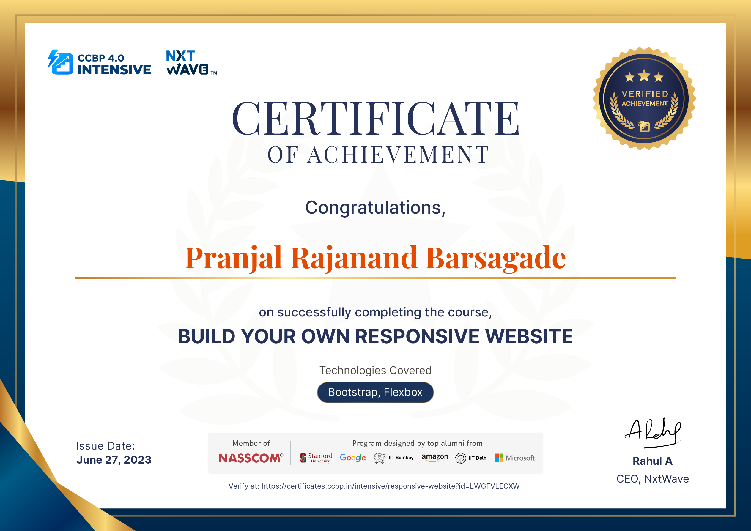 Pranjal Barsagade - Full Stack Development Trainee | CCBPian at NxtWave | HTML, CSS, Bootstrap ...