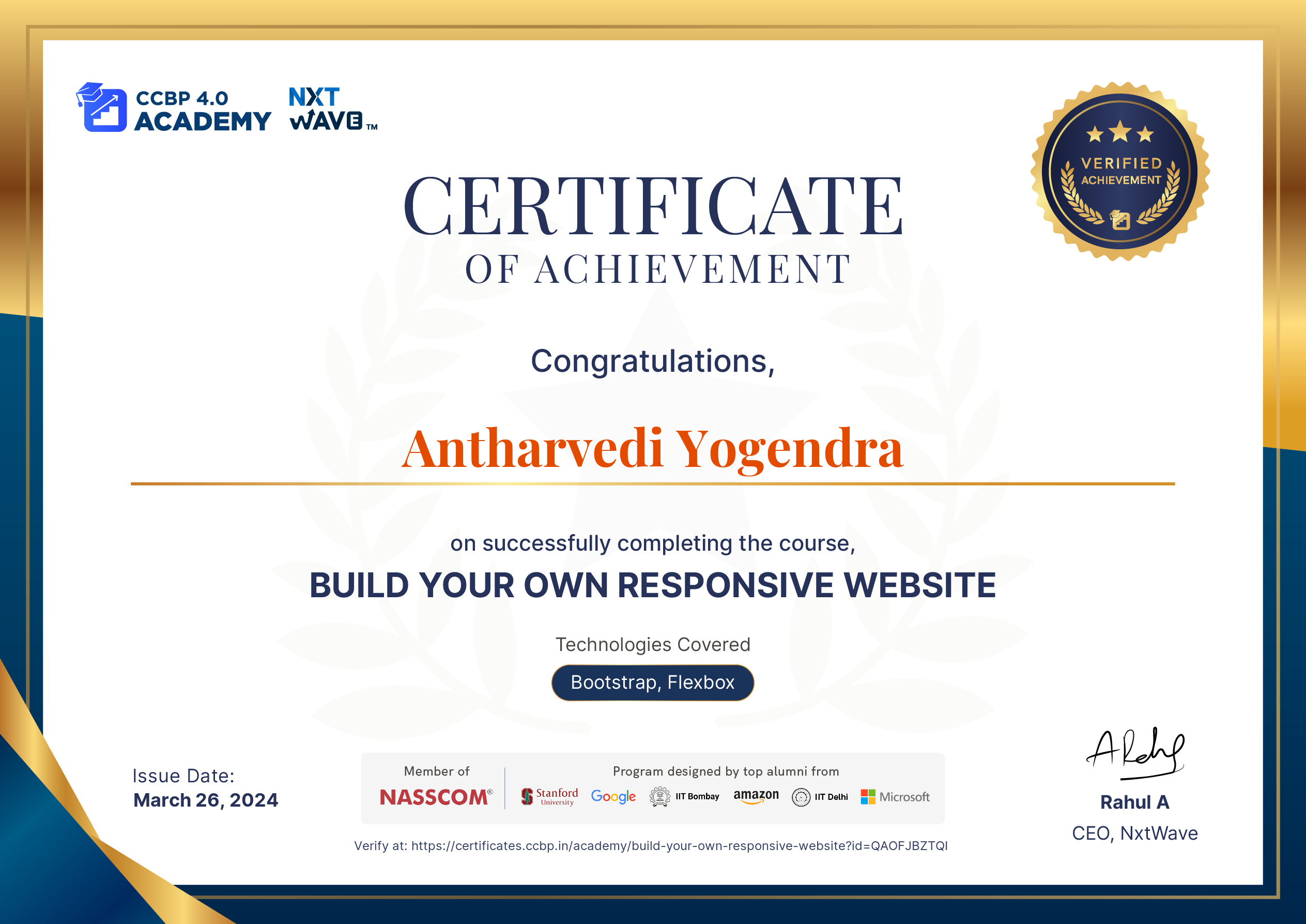 ANTHARVEDI YOGENDRA - Fellow at NxtWave’s CCBP 4.0 Academy | Knows ...